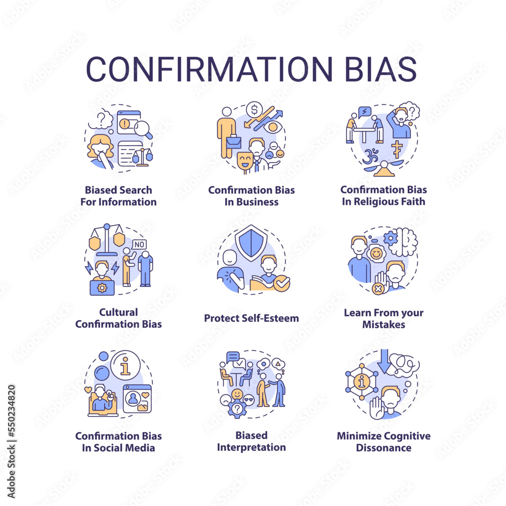 Confirmation bias concept icons set. Decision making. Barrier to ...