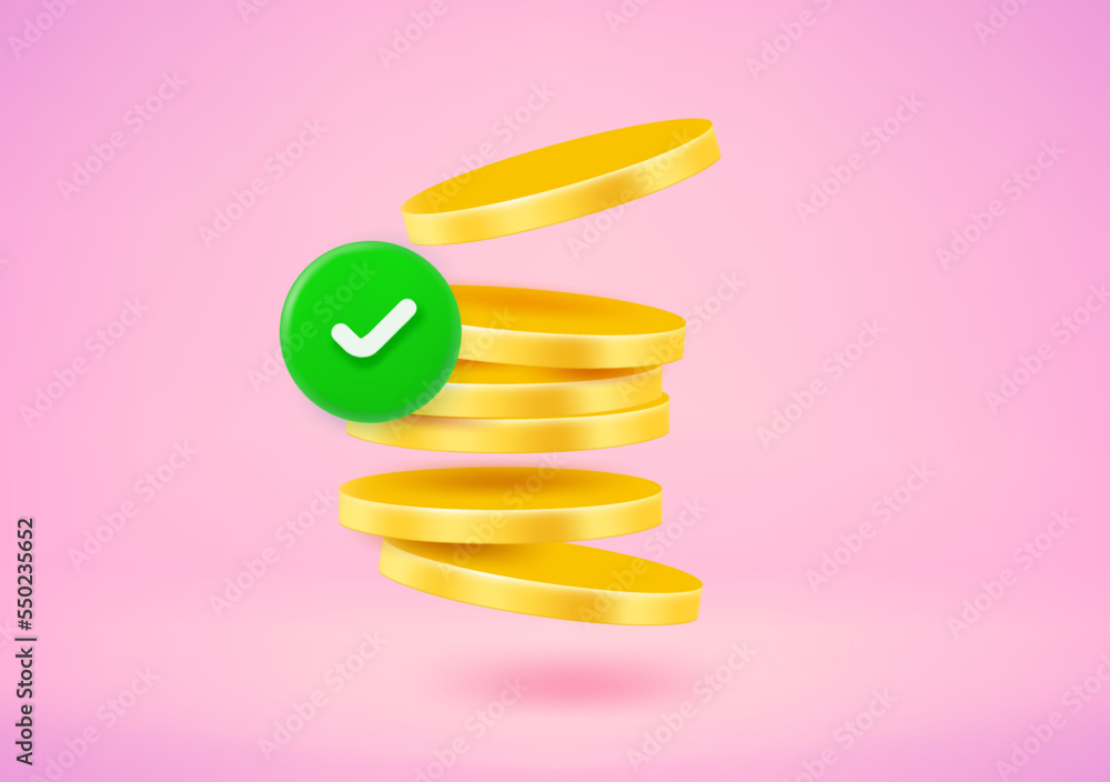 Checkmark and gold coins. 3d vector illustration Stock Vector | Adobe Stock