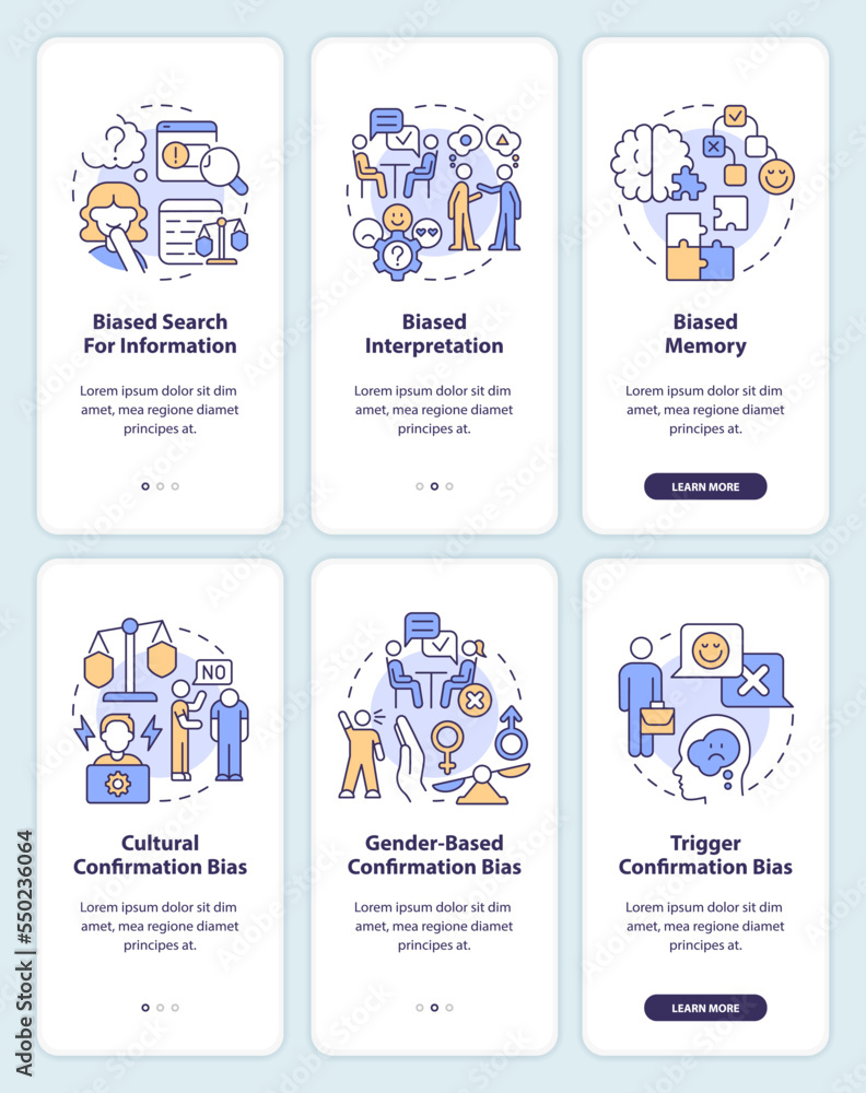 Confirmation bias in psychology onboarding mobile app screen set ...