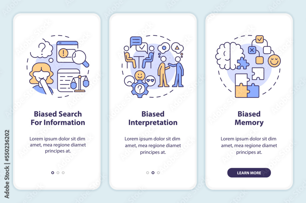 Types Of Confirmation Bias Onboarding Mobile App Screen Walkthrough 3 Steps Editable Graphic