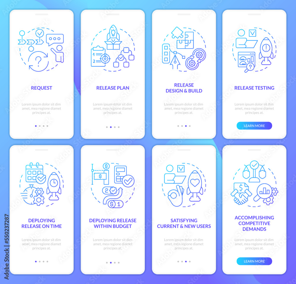 Release planning process blue gradient onboarding mobile app screen set ...
