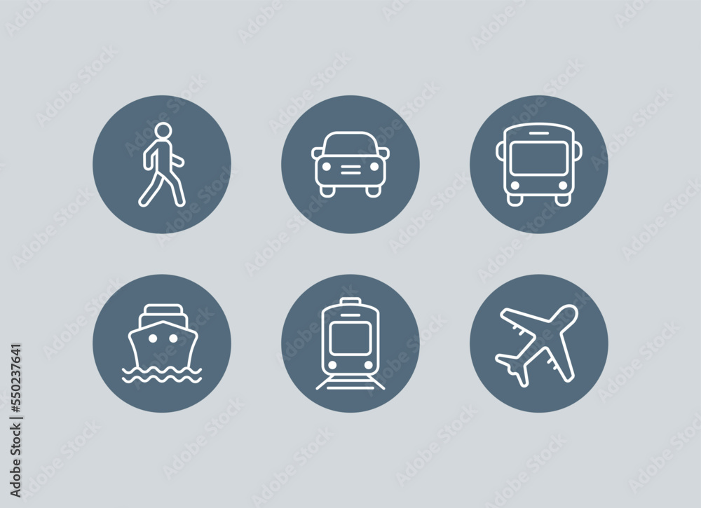 Transport icons. Walk man, Bike, Airplane, Public bus, Train, ShipFerry ...