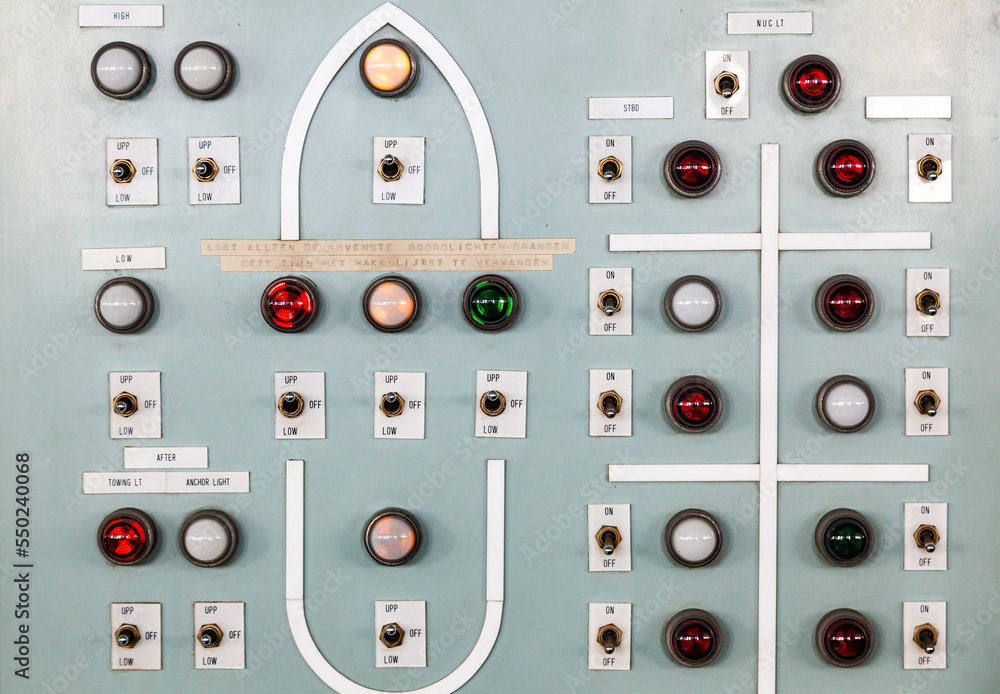 Shipboard emergency switchboard supplying electrical equipment. Bulbs ...