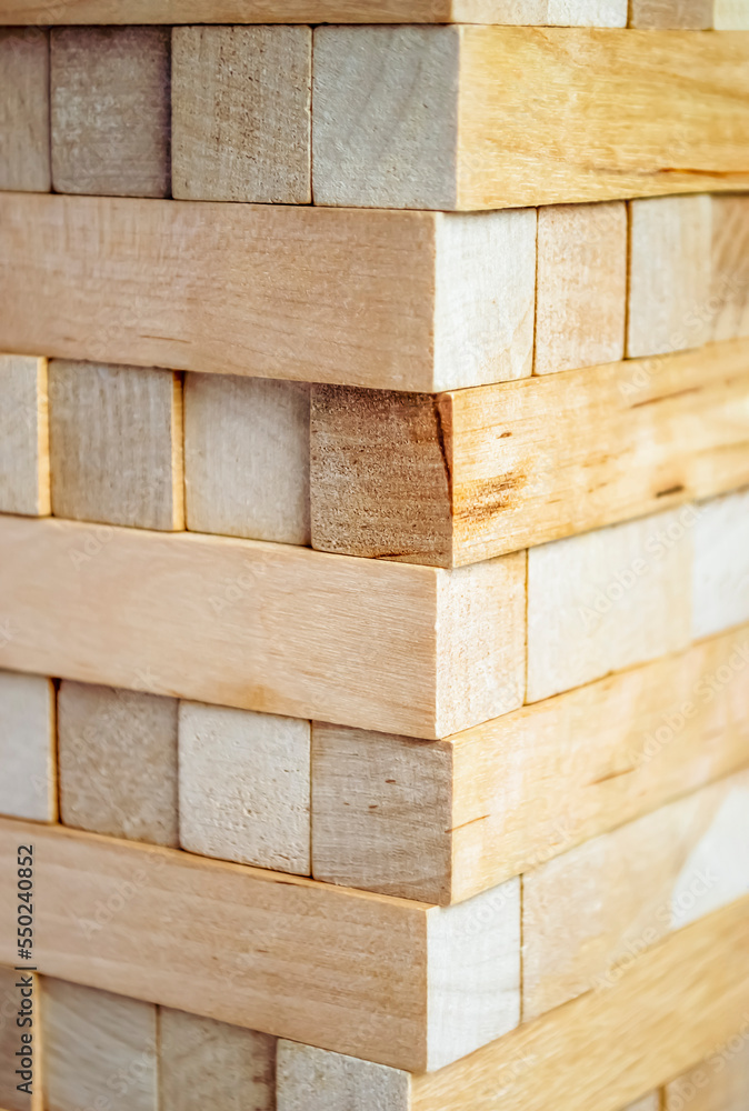 Board game Tower close-up. Board game Tower made of wood. Wooden blocks ...