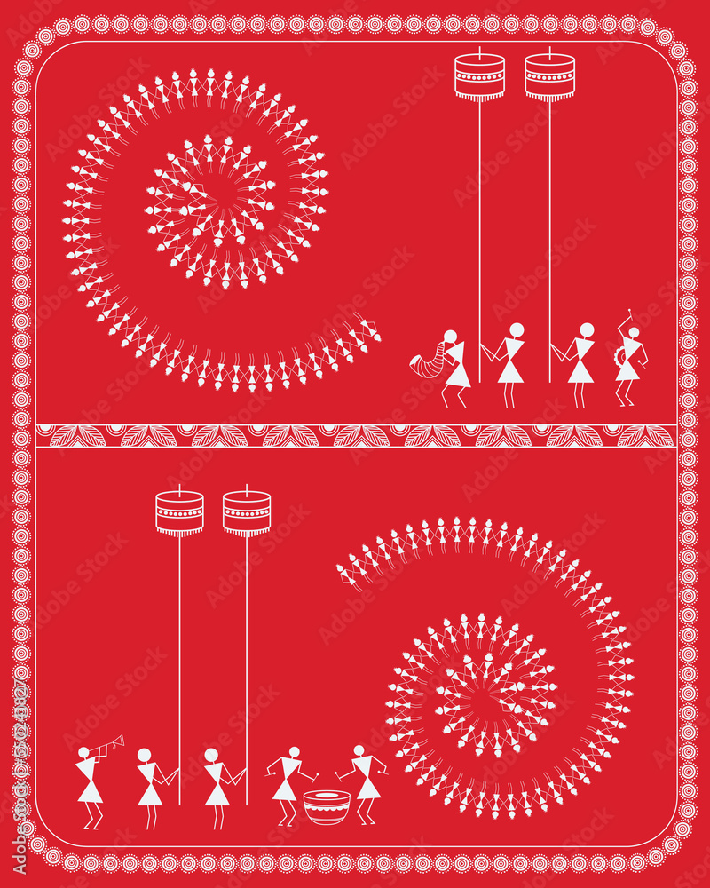 Indian celebration in jatra, mela, carnival in warli art. Wall painting ...