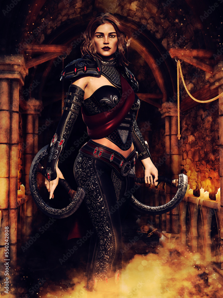 Dark scene with a female rogue holding fantasy blades and standing in ...