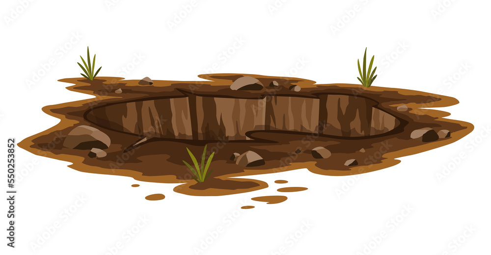 Hole ground. Entrance underground, big crack or ruin. Dirty, dark ...