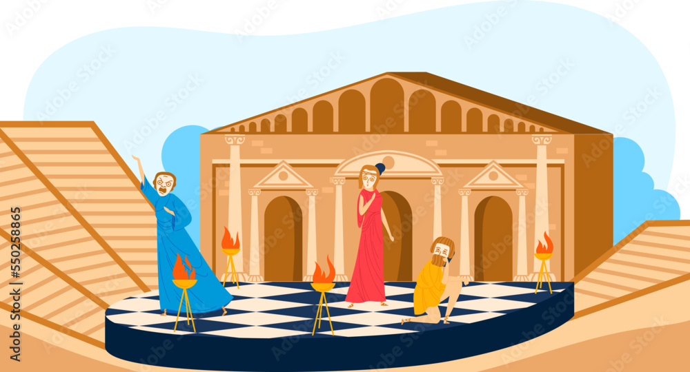 Greek history people culture, hellenic amphitheater with actorc, vector ...