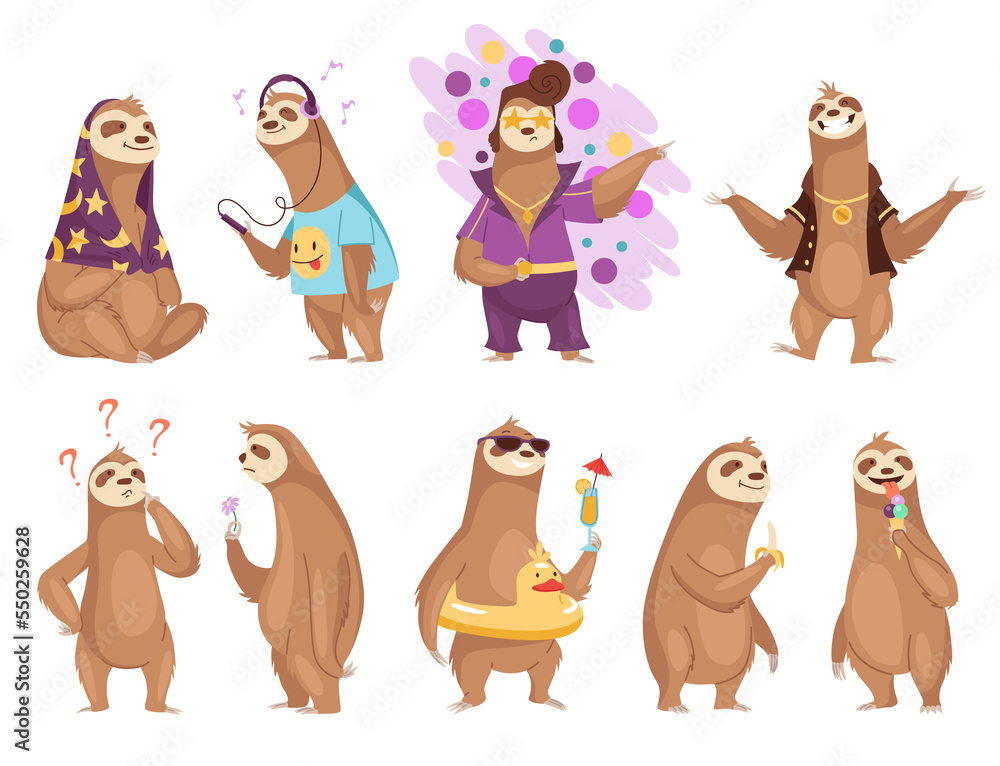 Sloth character. Cute cartoon sloth-bear character set. Funny lazy ...