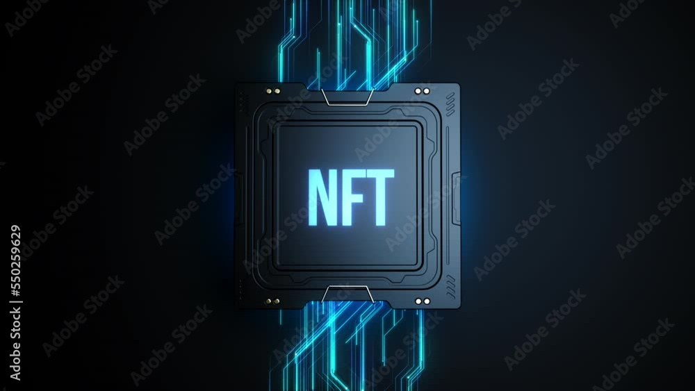 high power cpu with a header on the lid of the NFT. concept animation ...