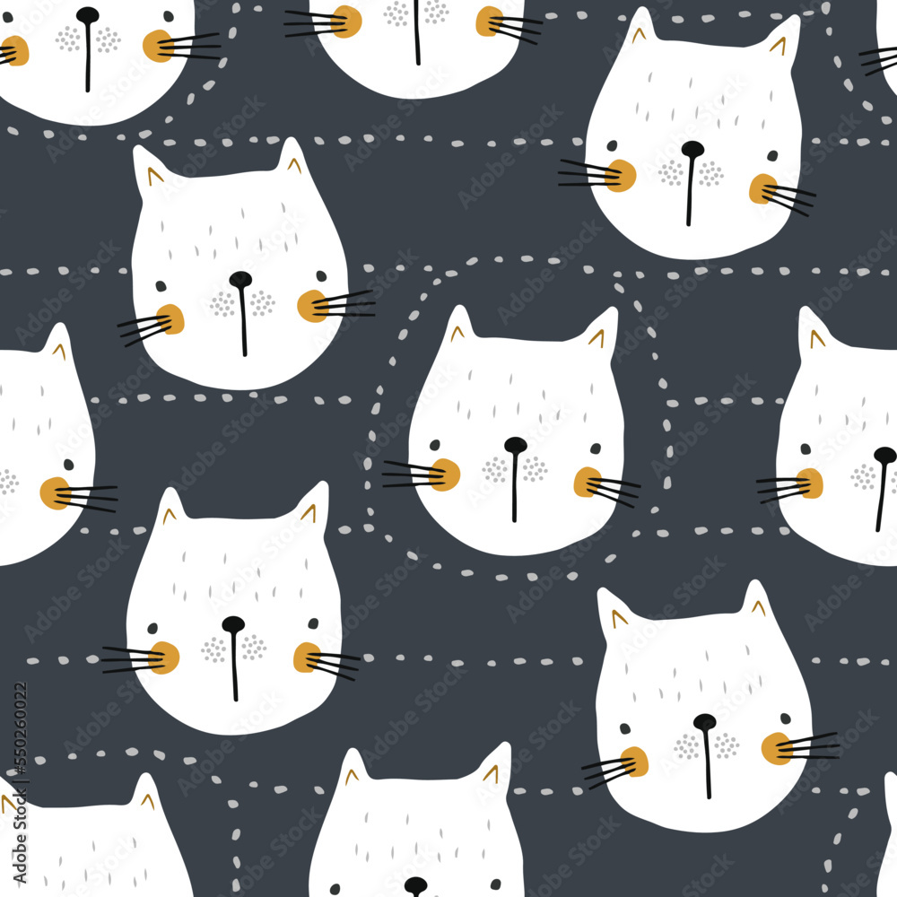 Seamless childish pattern with cute hand drawn cat faces. Creative kids ...