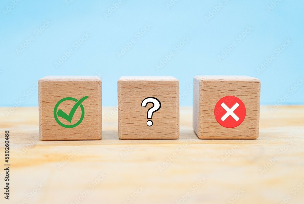 Regulatory compliance, project feasibility concept. Tick and cross ...