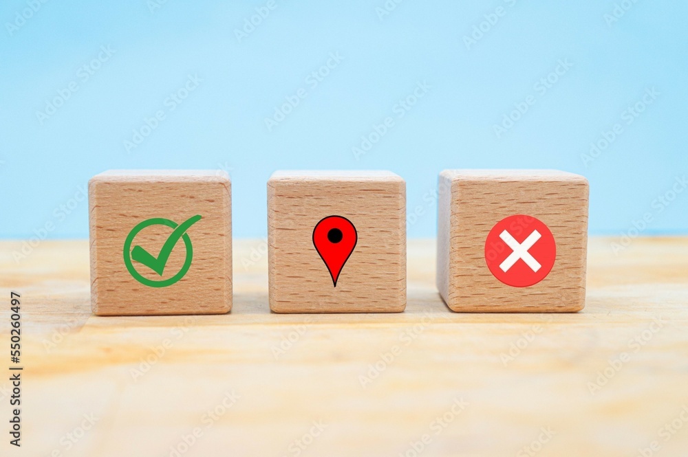 Regulatory compliance, project feasibility concept. Tick and cross ...