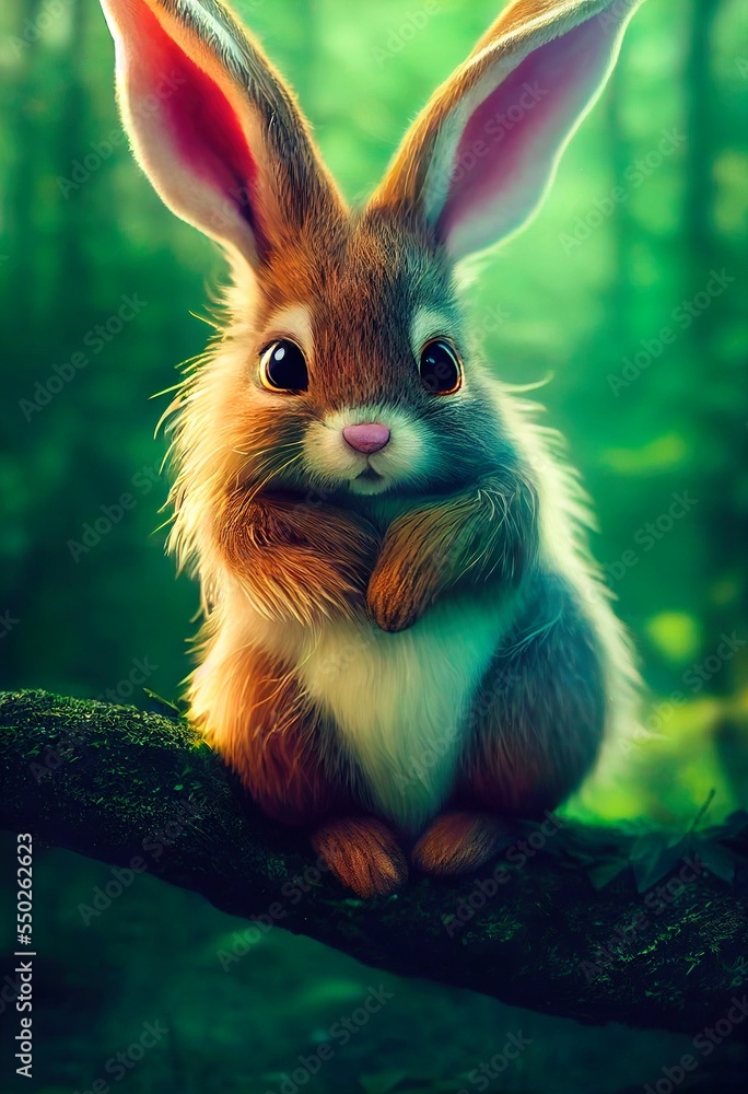 Cute white rabbit in a kimono. Cute rabbit on a fairy tale background ...