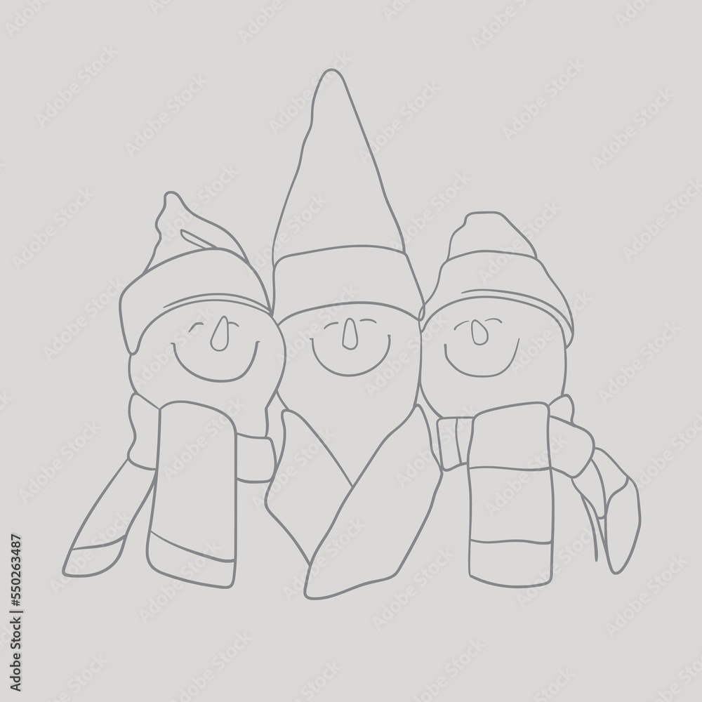 Continuous one line drawing of Сhristmas snowmen on gray. Cartoon style ...