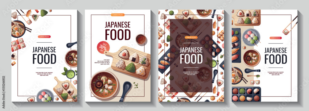 Set of flyers with Sushi, Miso soup, ramen, onigiri, dango, mochi ...