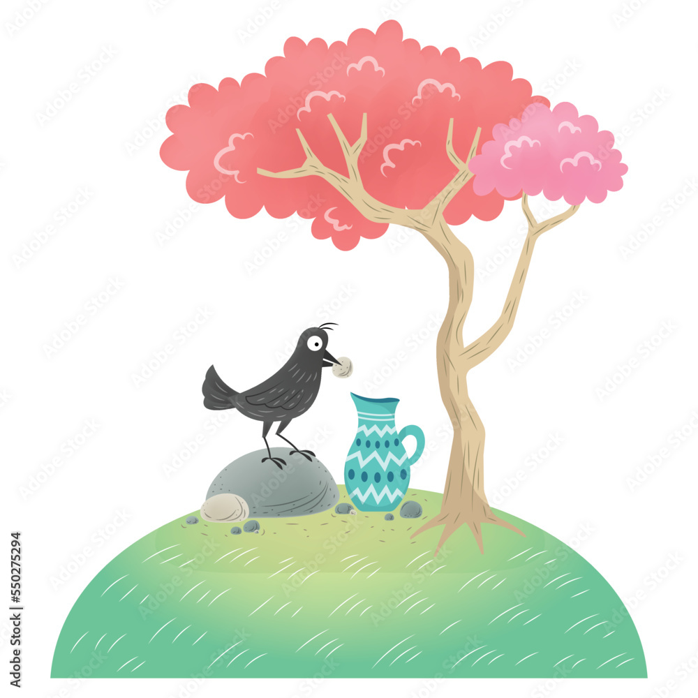 The crow and the pitcher picture for story book. Aesop's fable ...