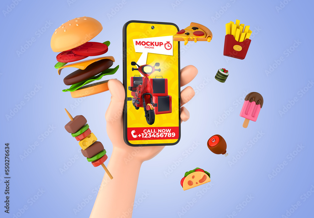 Cartoon Hand Holding Phone Mockup with food Stock Template | Adobe Stock