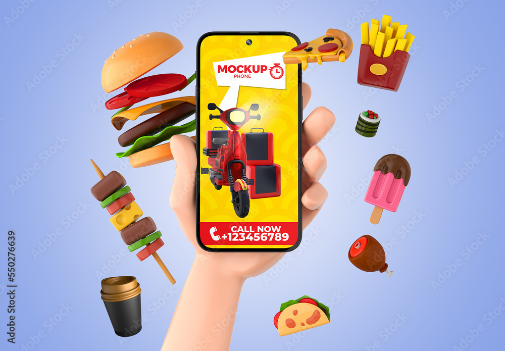 Cartoon Hand Holding Phone Mockup with food Stock Template | Adobe Stock