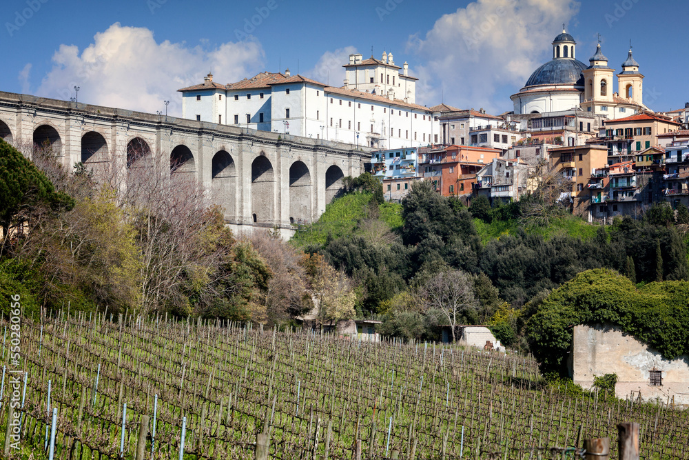 Aricia, Roma. Panorama con vigneto e Ponte della Via Appia Antica verso ...