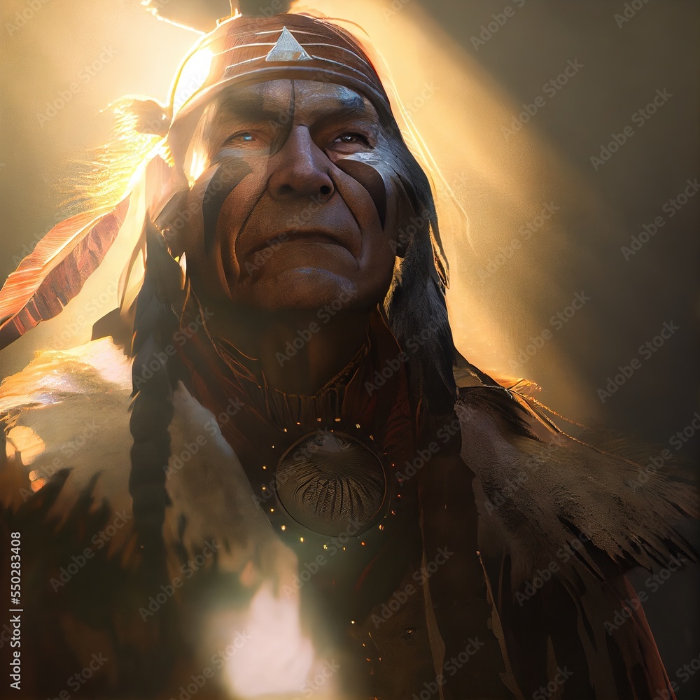 Portrait of a fictional Indian shaman from the Comanche Indian tribe ...