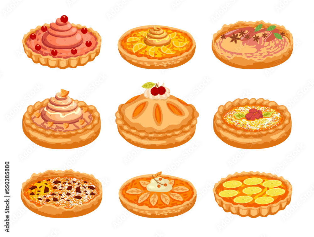 Pies with different toppings vector illustrations set. Collection of ...