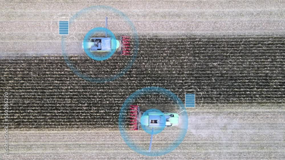 Automated electric combine harvesters, cutting crops in farms ...