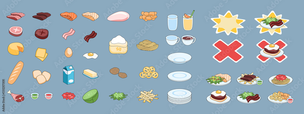 Food items for mobile game user interface. Kitchen simulator game ...