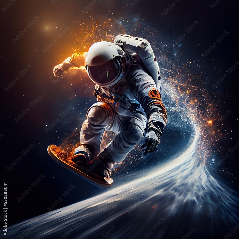 Astronaut surfing on the abstract wave in outer space. Creative ...