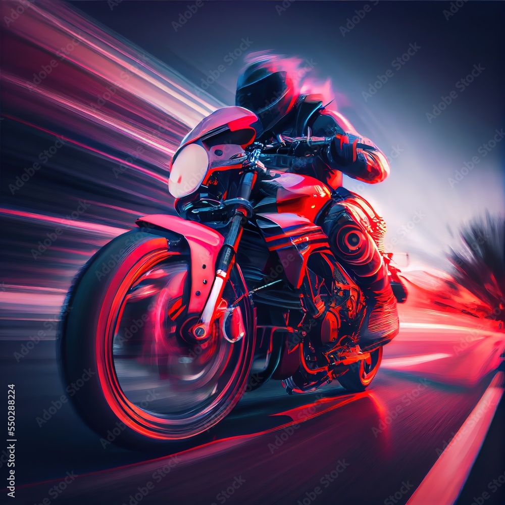 Biker on red sports bike rides on the high speed. Blurred motion ...
