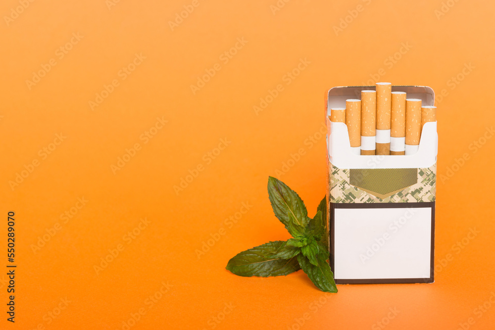 Pack of menthol cigarettes and fresh mint on colored table, Menthol ...
