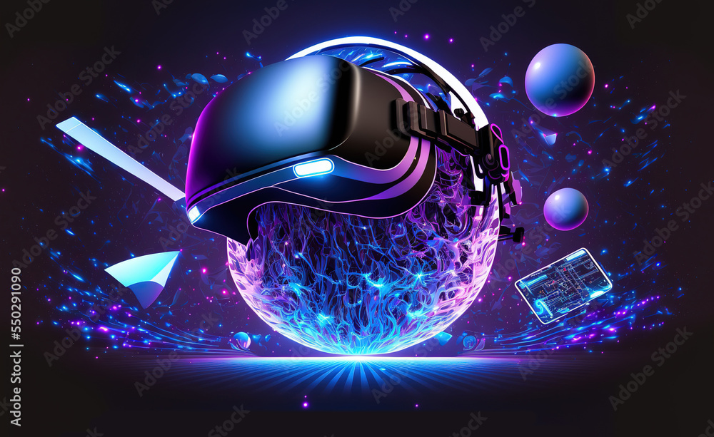 Metaverse concept and virtual world elements. Silhouette of a human ...