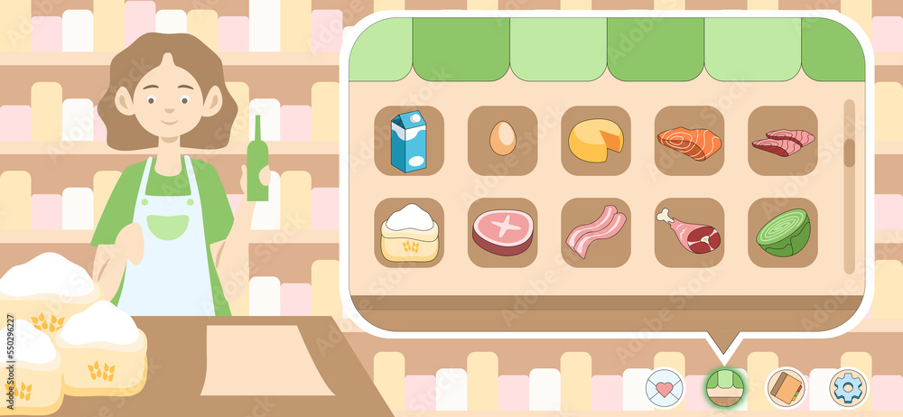 Game design of supermarket, female cashier, grocery, food elements ...