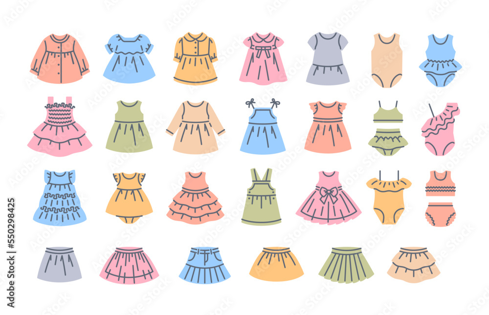 Baby girl dresses color fill line icons. Different dresses with long ...
