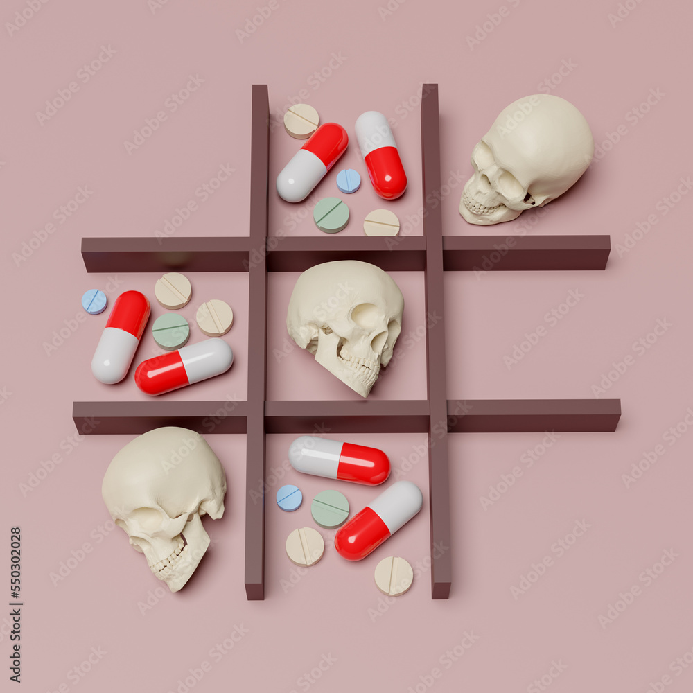 Death is stronger than medicine. Game of tic-tac-toe with a skull as a ...