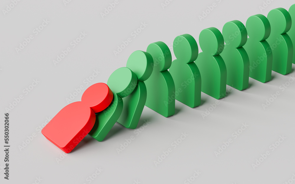 Domino in the shape of a person. Dominoes fall and knock over other ...