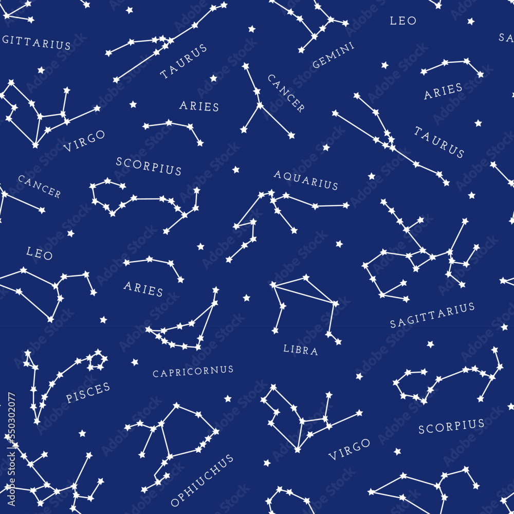 Zodiac signs seamless pattern background. White celestial asterism on ...
