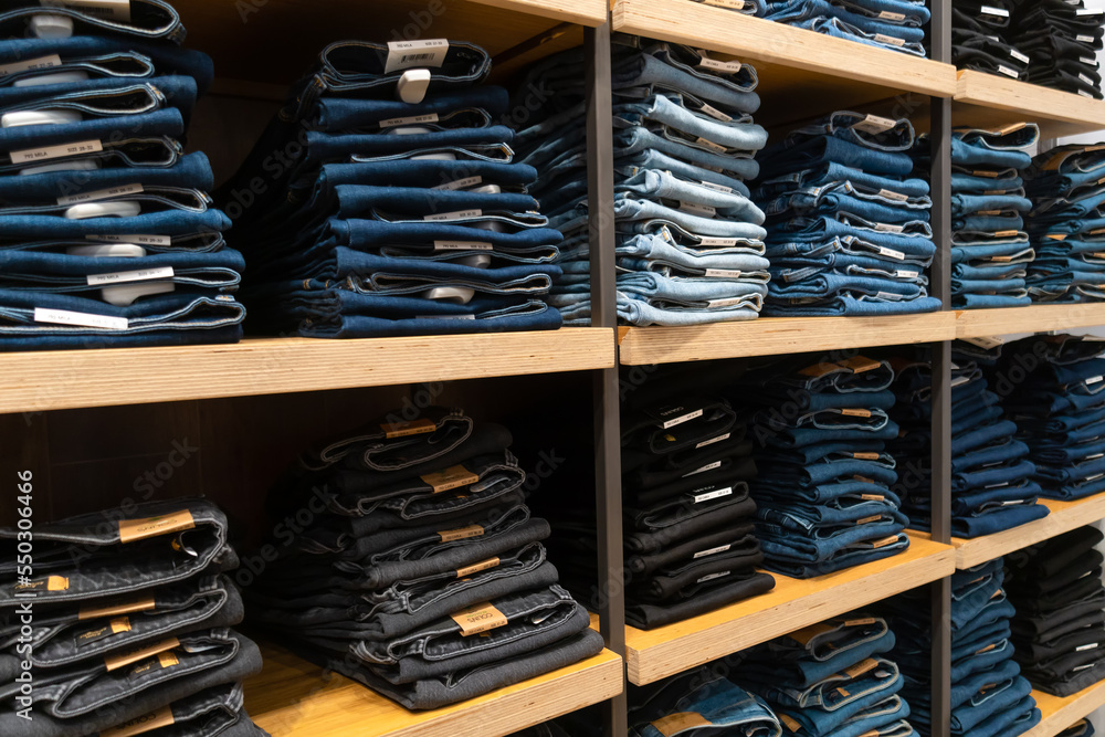 Batumi, Georgia - October 10 2022: Close-up of a lot of jeans on the ...