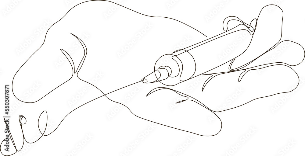 Continuous one line drawing of a syringe with a needle lying in the ...