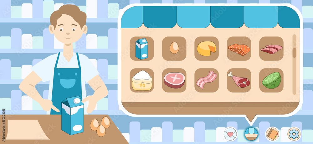 Game design of supermarket, male cashier, grocery, food elements. User ...