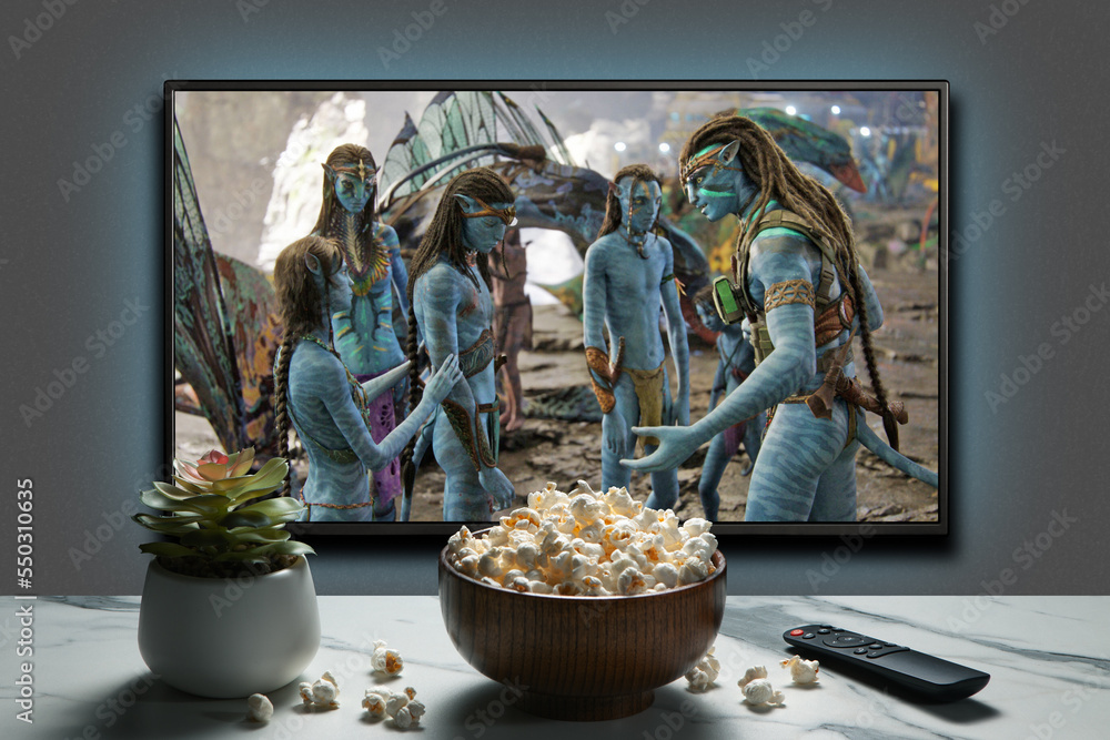 TV screen playing Avatar the way of water trailer or movie. TV with ...