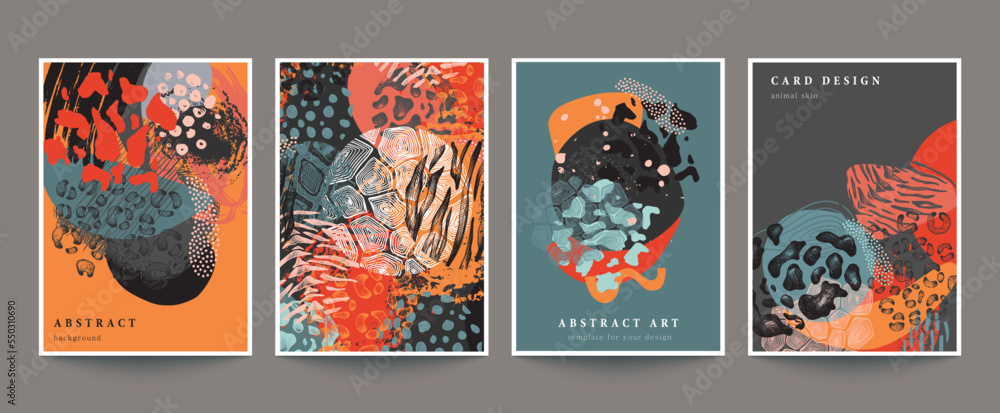 Collection of four vector cards or posters with hand drawn animal skin ...