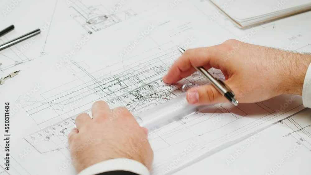 Architect man drawing plan blueprint close-up. Professional designer ...