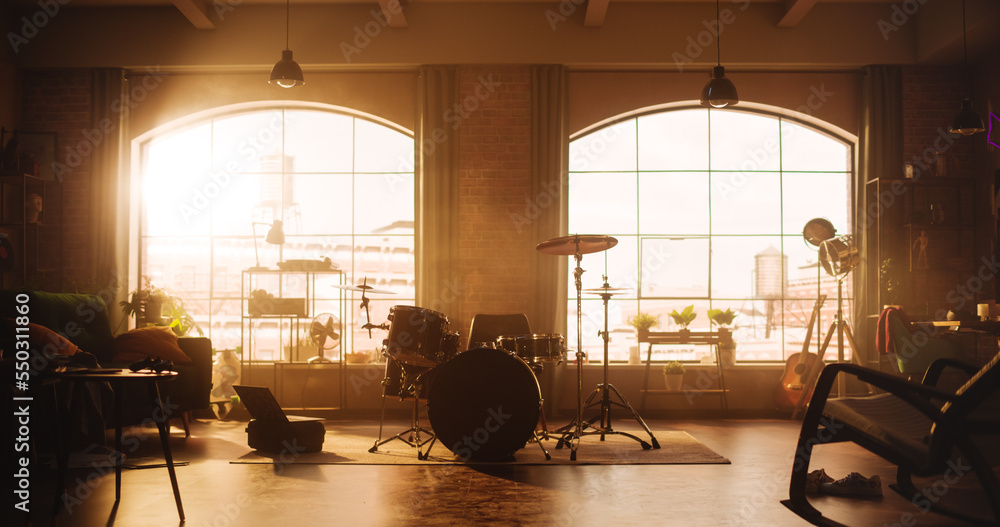 Establishing Shot: Music Rehearsal Studio in Loft Room with Drum Set in ...