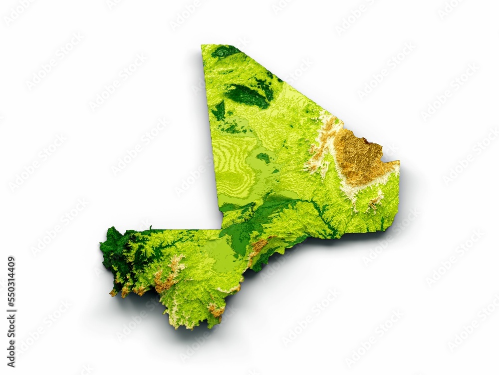 3D-rendered Mali shape map with shaded relief isolated on a white ...