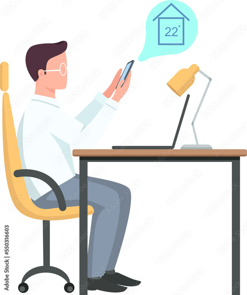 Man monitoring home remotely semi flat color raster character. Posing ...