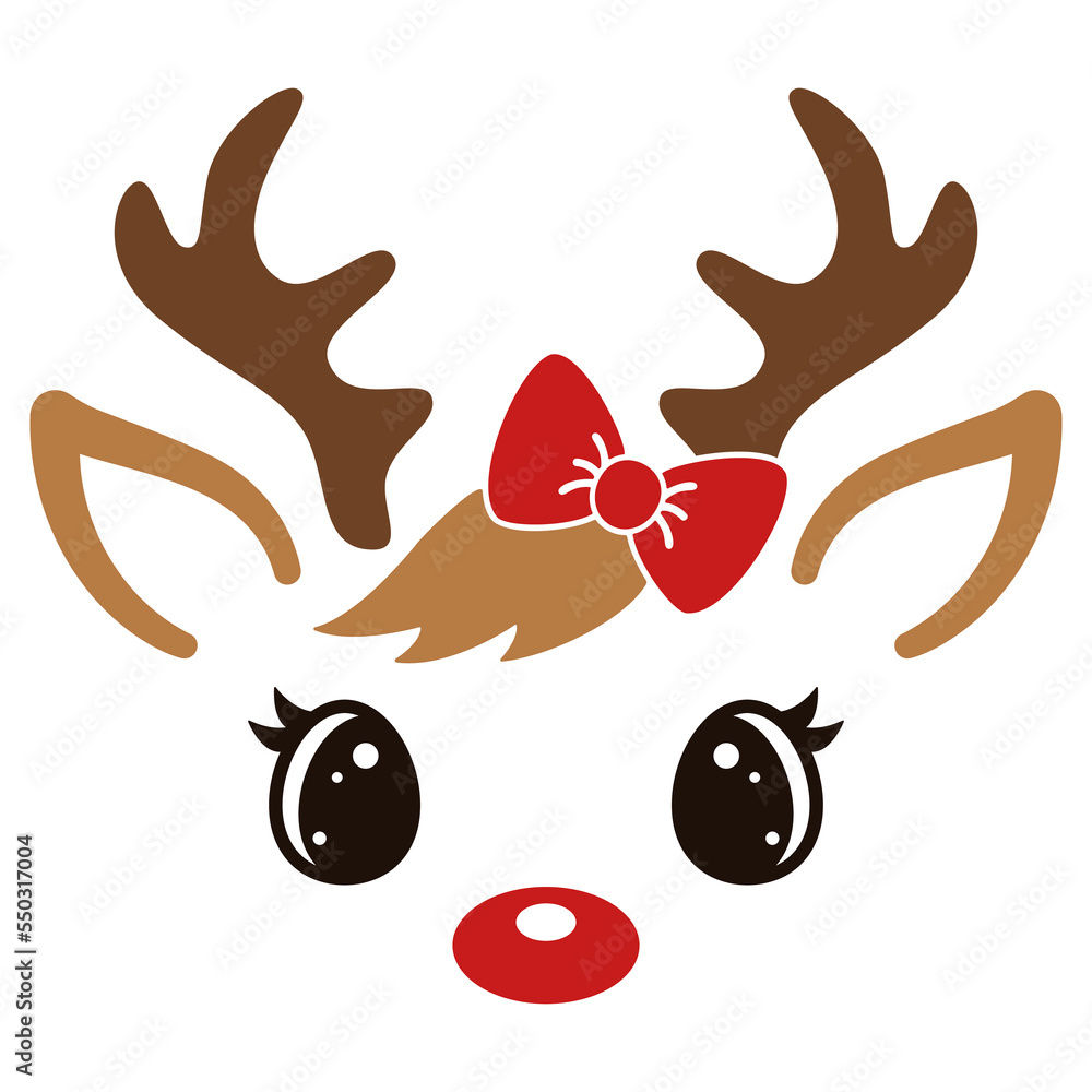 Reindeer girl face with bow. Deer head with red nose. Cute cartoon ...