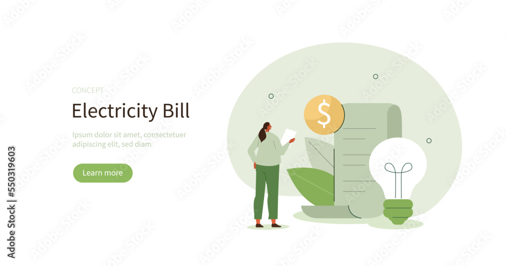 Character calculating electricity bill, paying less and saving money ...