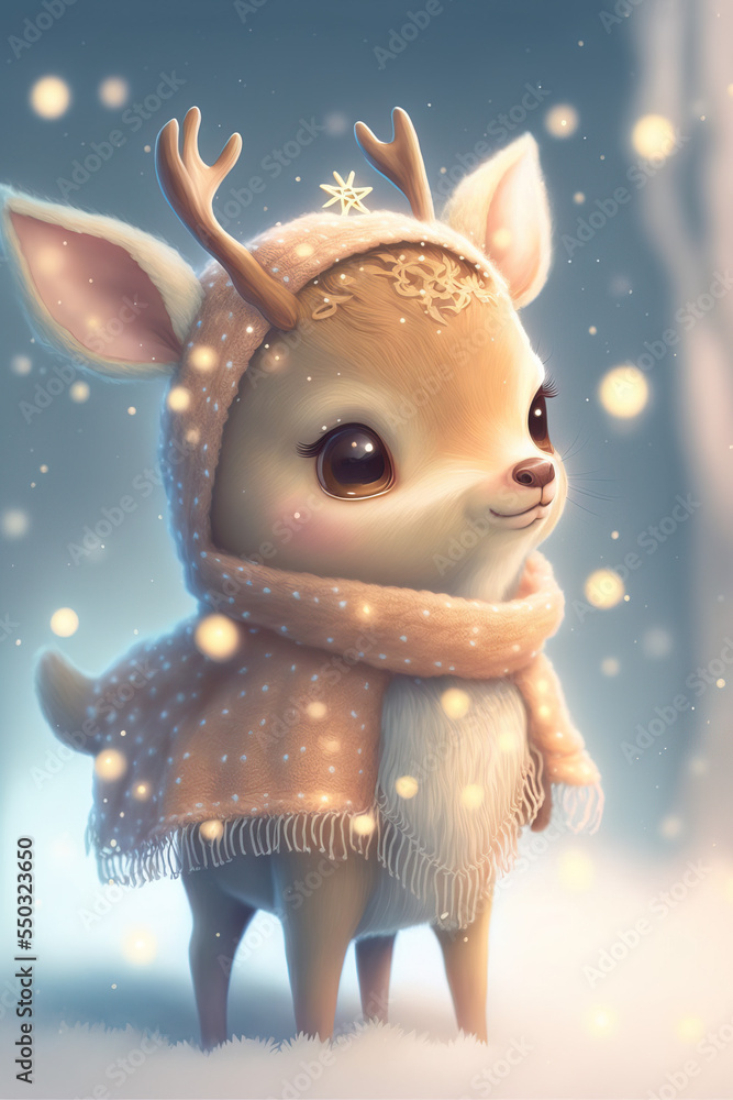 Little cute baby reindeer on winter Christmas day in warm winter ...