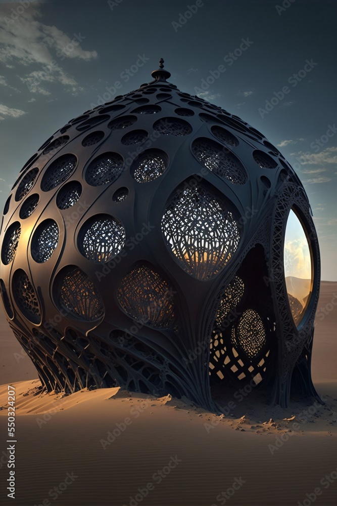 black futuristic sphere house in a desert with big curved windows ...